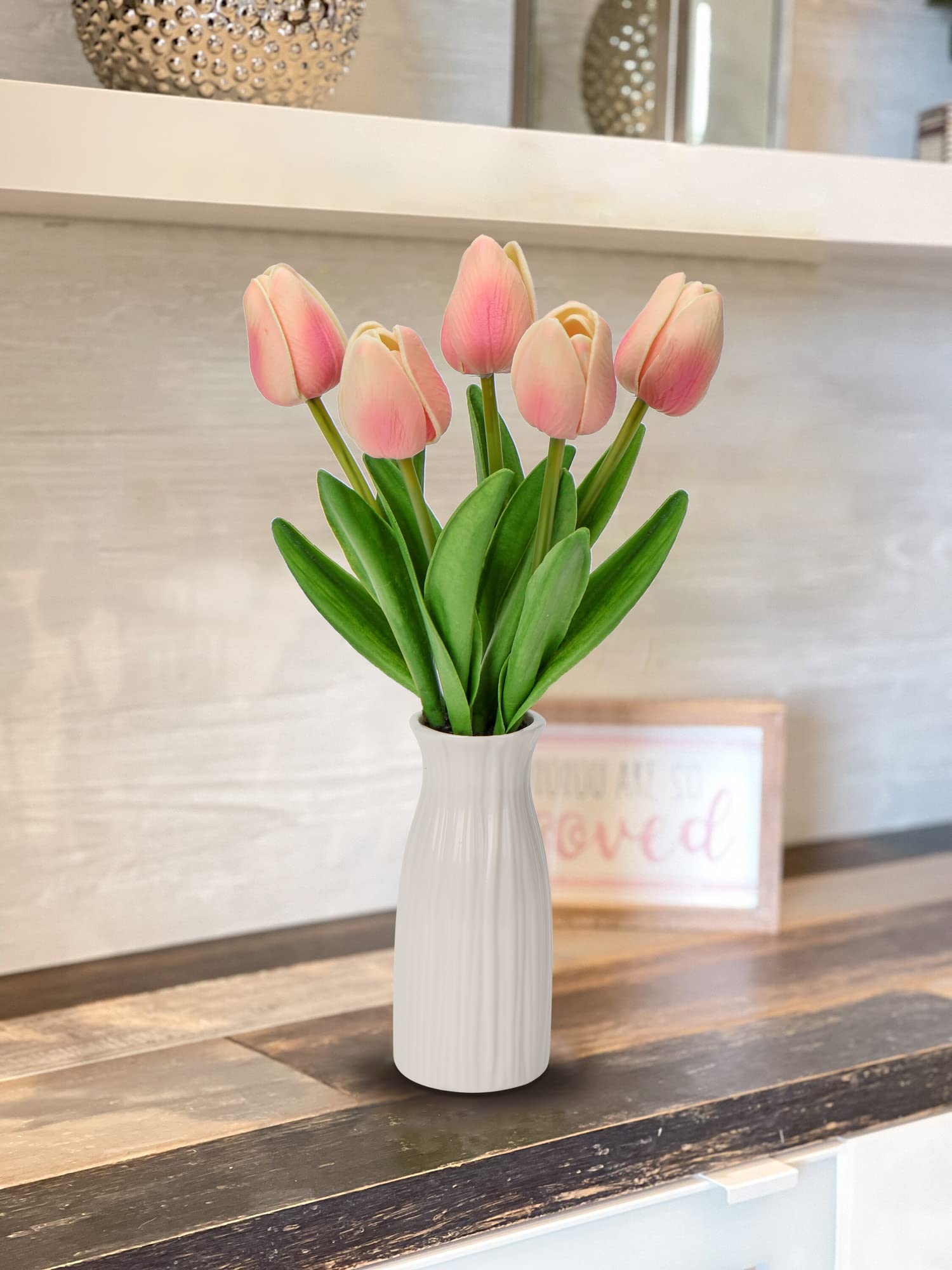 Briful 2 Packs Faux Flowers Artificial Tulips with Ceramic Vase, Poly ...