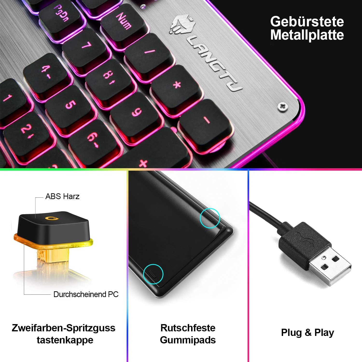 LANGTU QWERTY US Layout Membrane Gaming Keyboard Wired with Rainbow LED ...