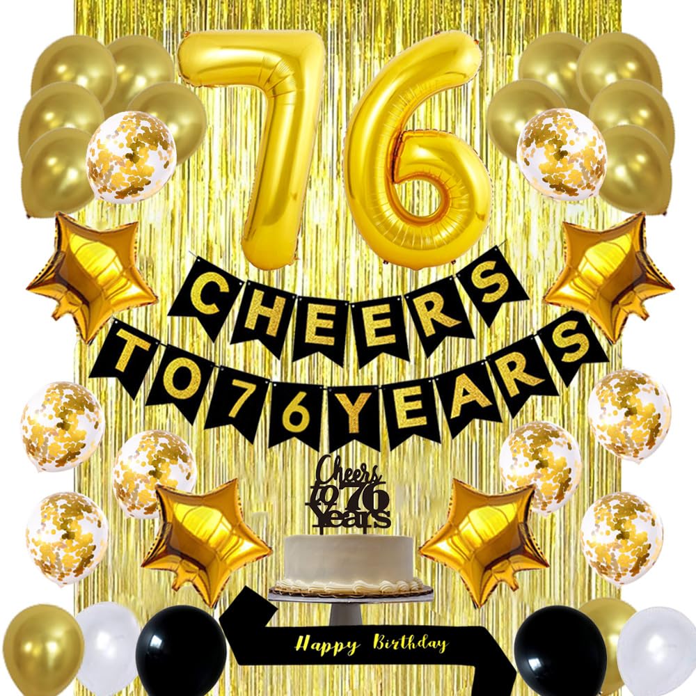 Amazon.com: Gold 76th Birthday Decorations Kit, Cheers to 76 Years ...