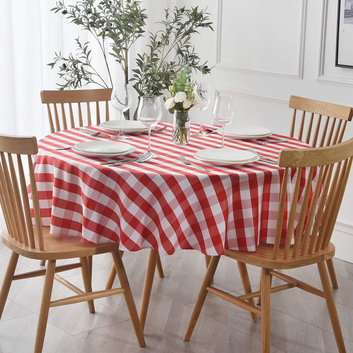 Amazon.com: maxmill Round Checkered Tablecloth Spillproof Wrinkle Free ...