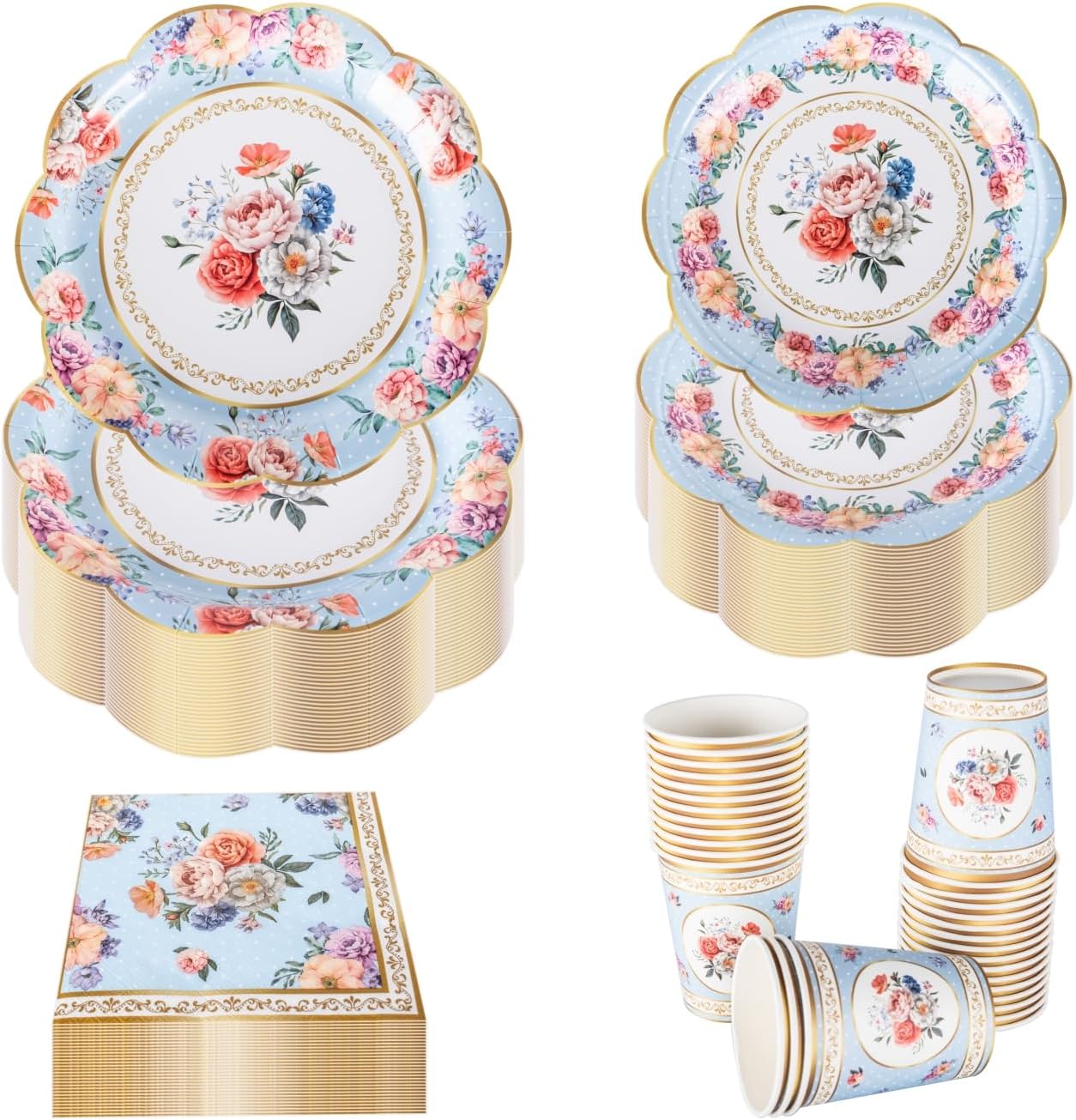 PHUNAT Vintage Party Tableware Set for 30 Guests - Blue Floral Paper ...