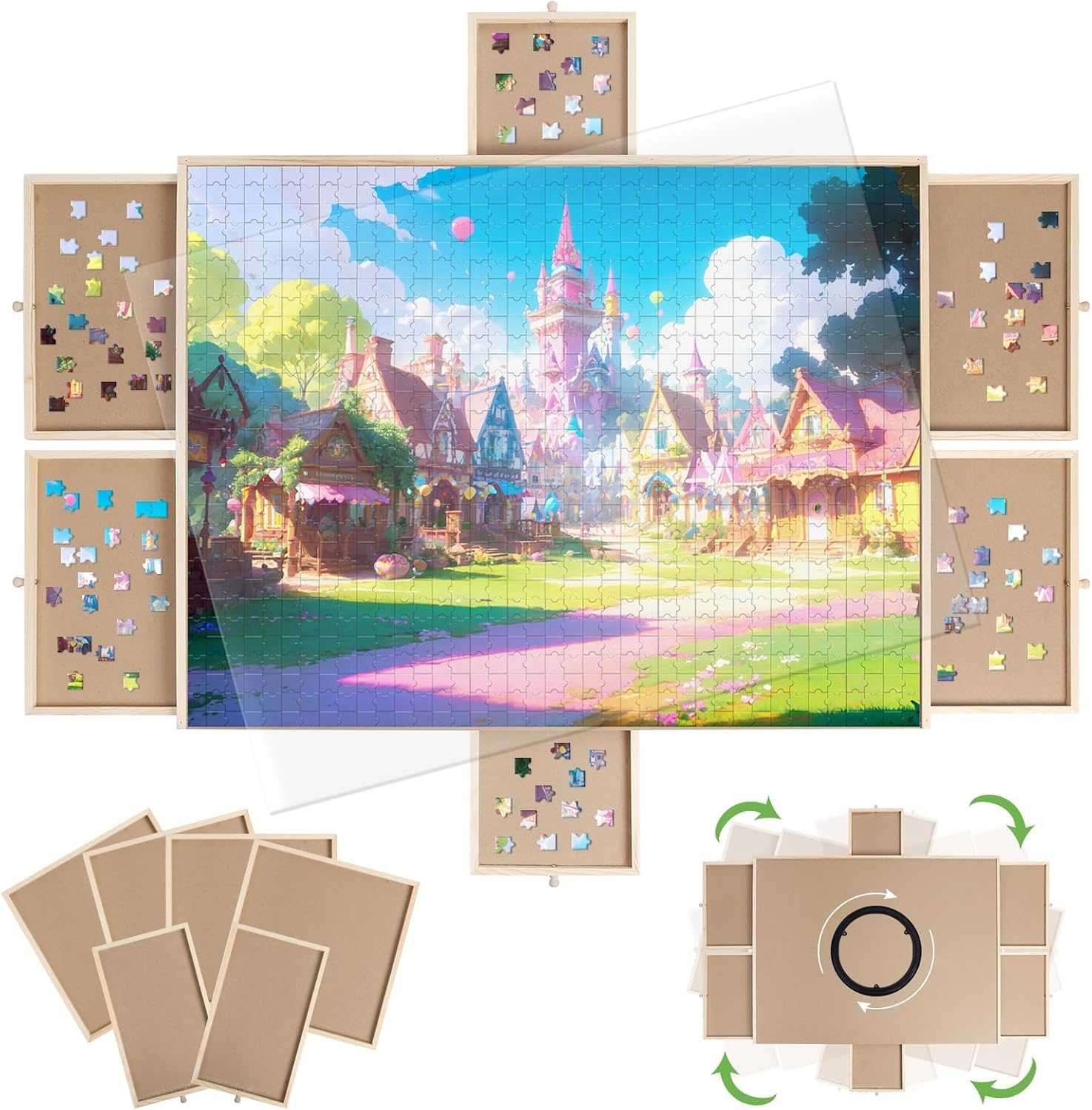 1500 Pieces Wooden Puzzle Board with 6 Drawers, Large Jiasaw Puzzle ...