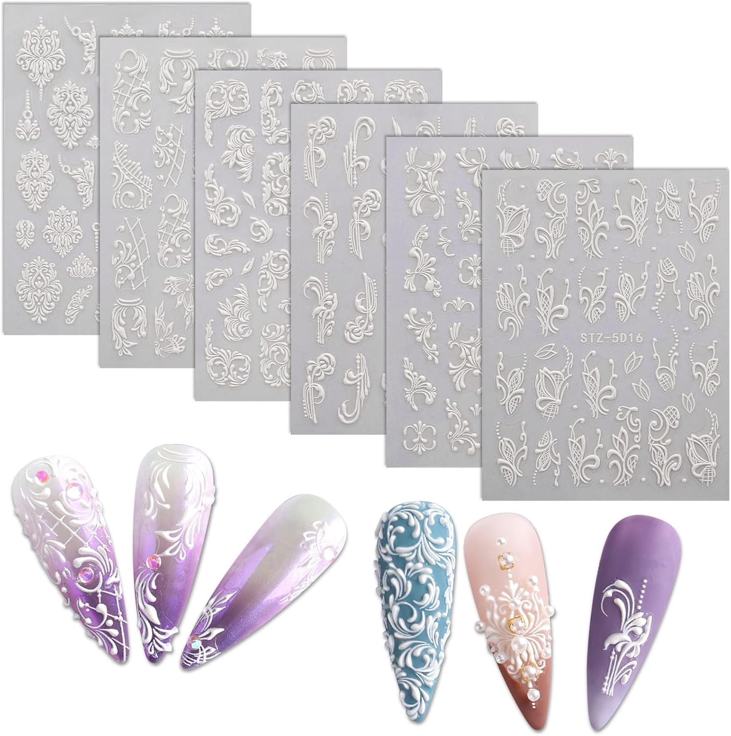 MWOOT 6 Sheets 5D Embossed Nail Art Stickers Decals,Self-Adhesive ...