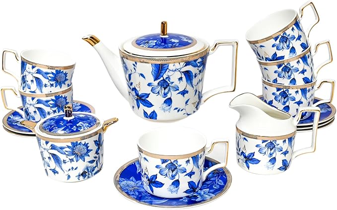 Amazon.com | LE POTOCIO Bone China Tea Set for Adults, Blue and White Porcelain Tea Sets, Bone ...
