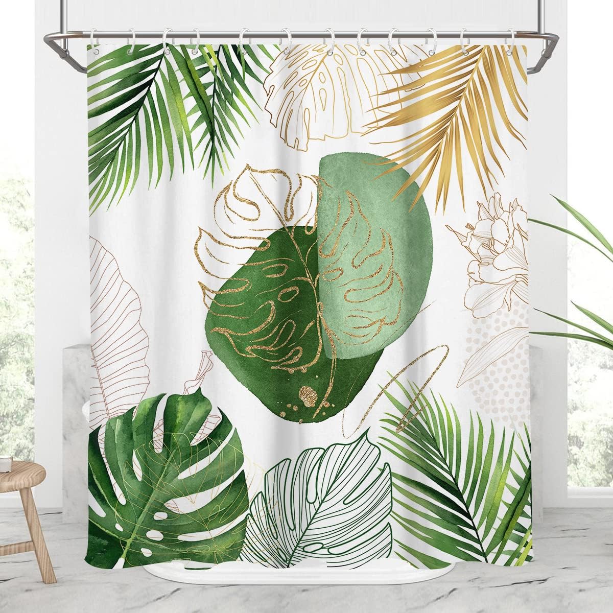 Amazon.com: AAtter Green and Gold Leaves Shower Curtain Abstract White ...