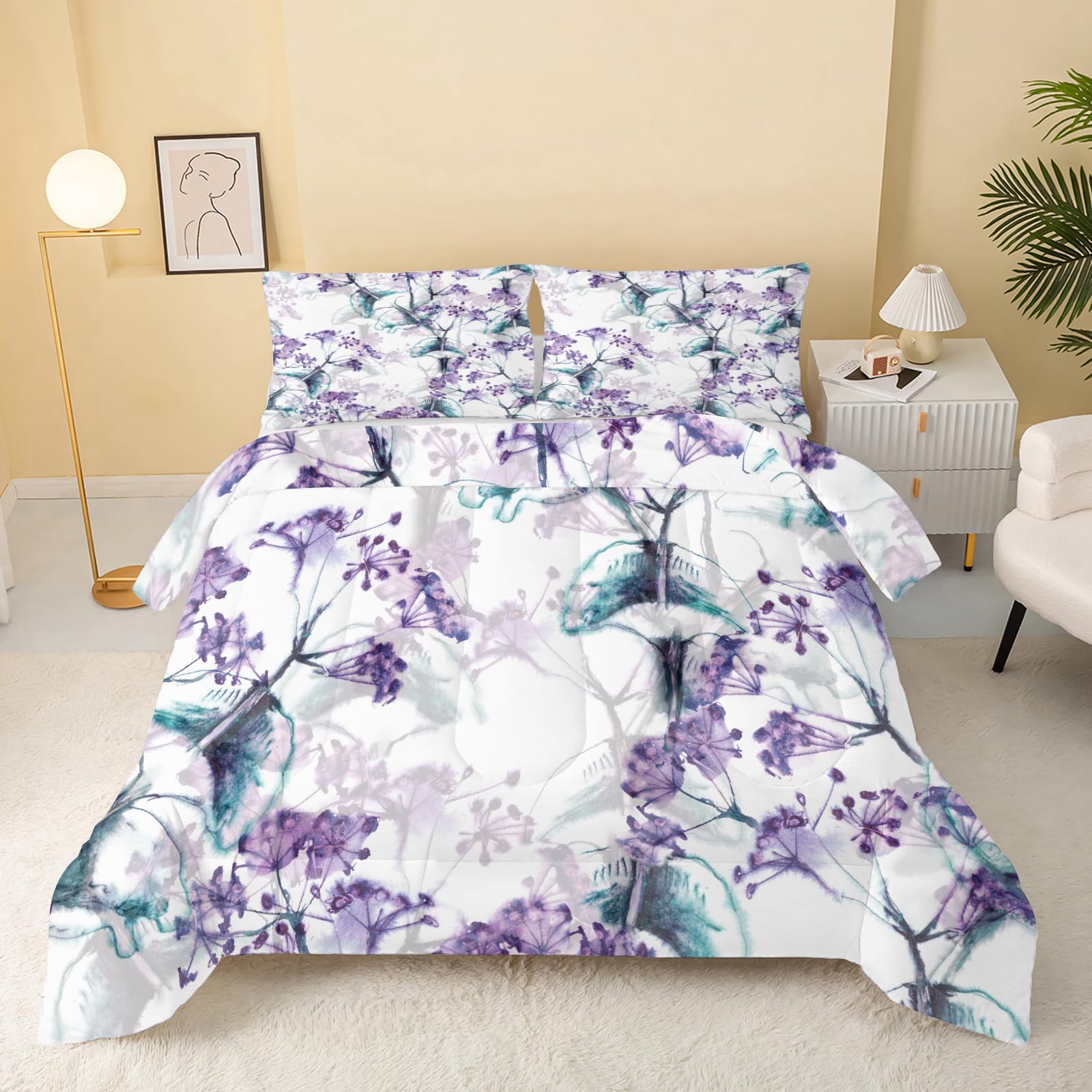 Purple King Size Duvet, Reversible Coverless White Plants Duvet King ...