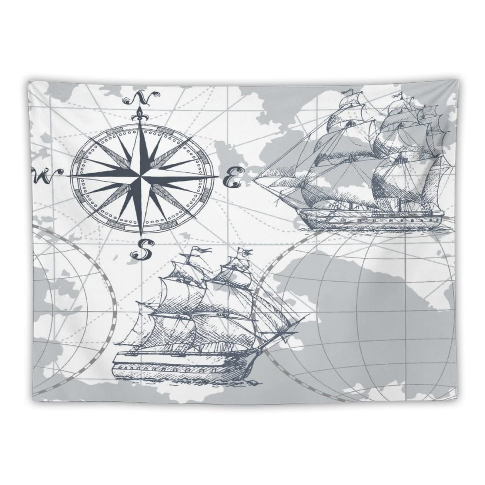 Amazon.com: Nautical Tapestry Ocean Map and Compass Sailboat Tapestry ...