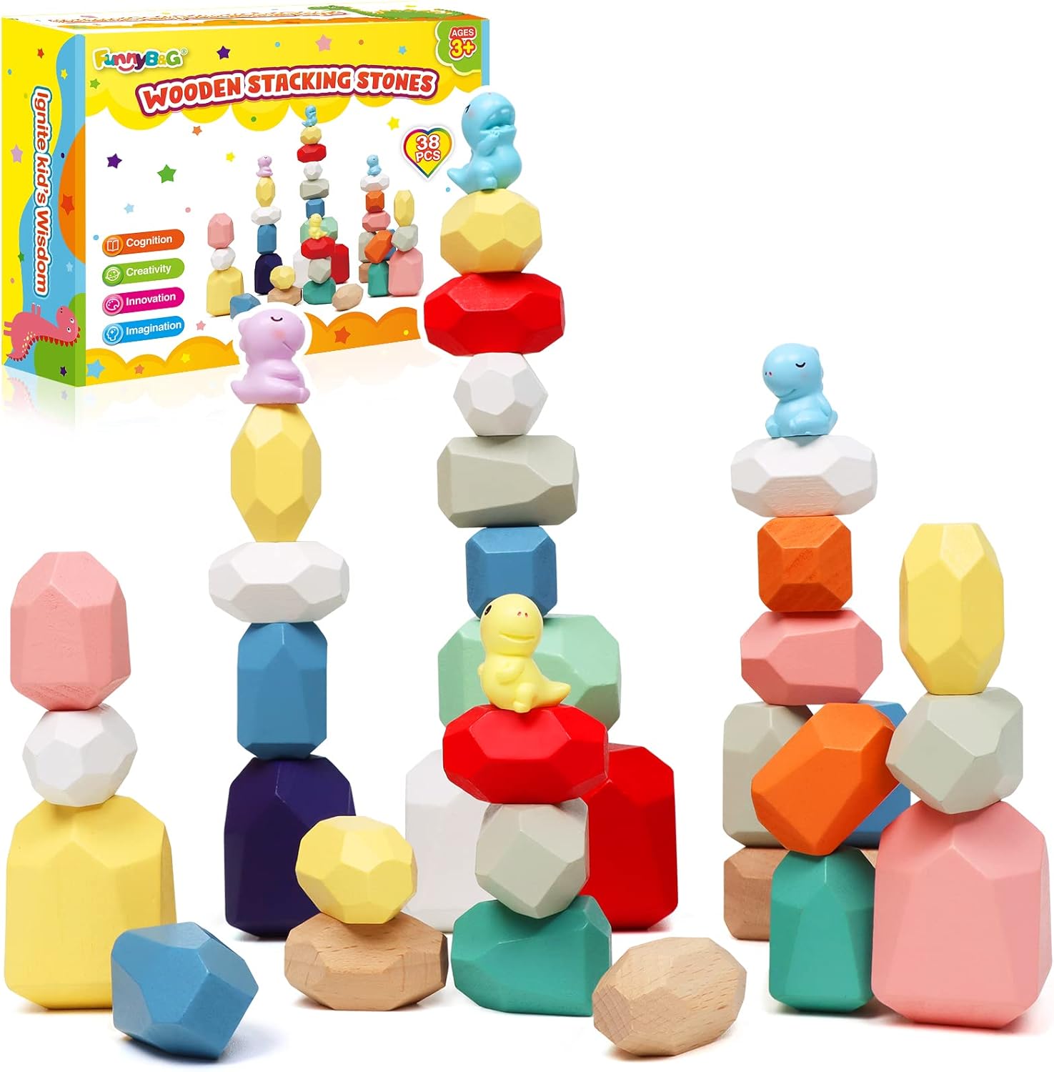 Wooden Stacking Rocks Balancing Stones - 38pcs Natural Wood Building ...