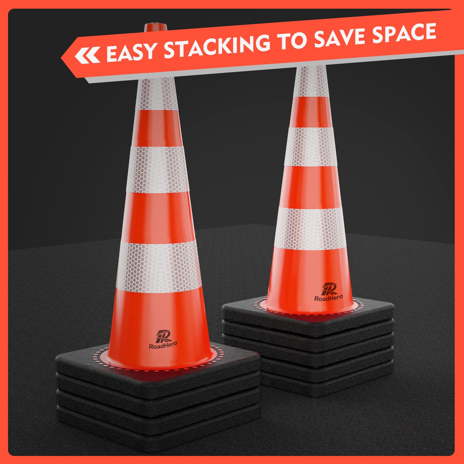 RoadHero (4 Pack) Traffic Safety Cones 36 Inch with Black Weighted Base ...