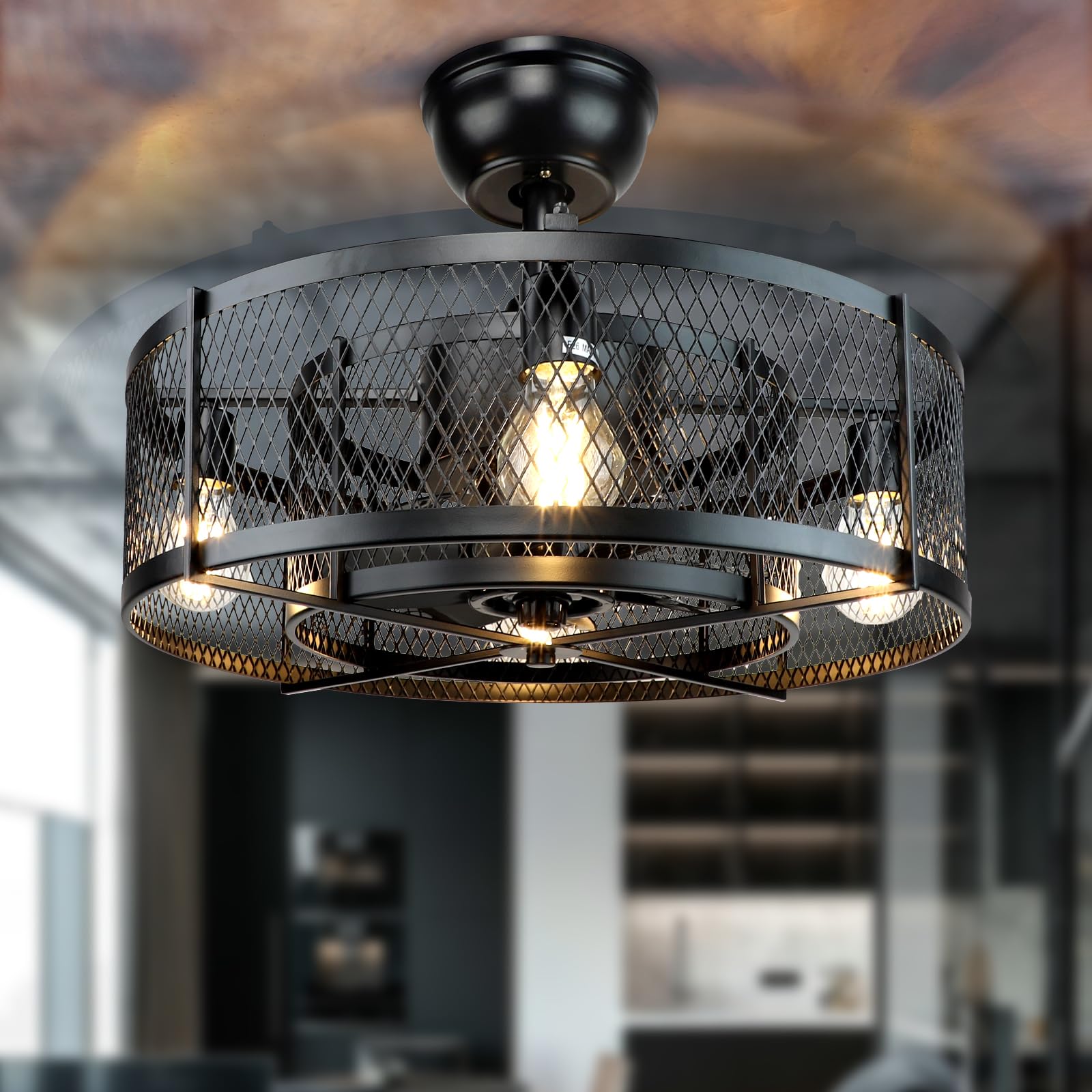 Depuley Caged Ceiling Fans with Lights: 20 Inch Flush Mount Bladeless ...