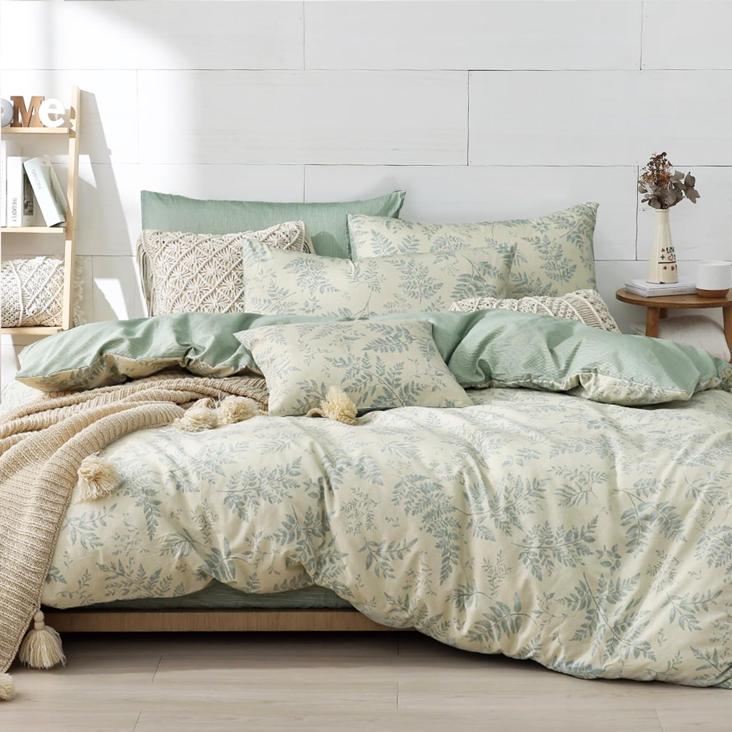 Amazon.com: LEMIROE Botanical Cotton Comforter Queen Size - Dusty Green ...