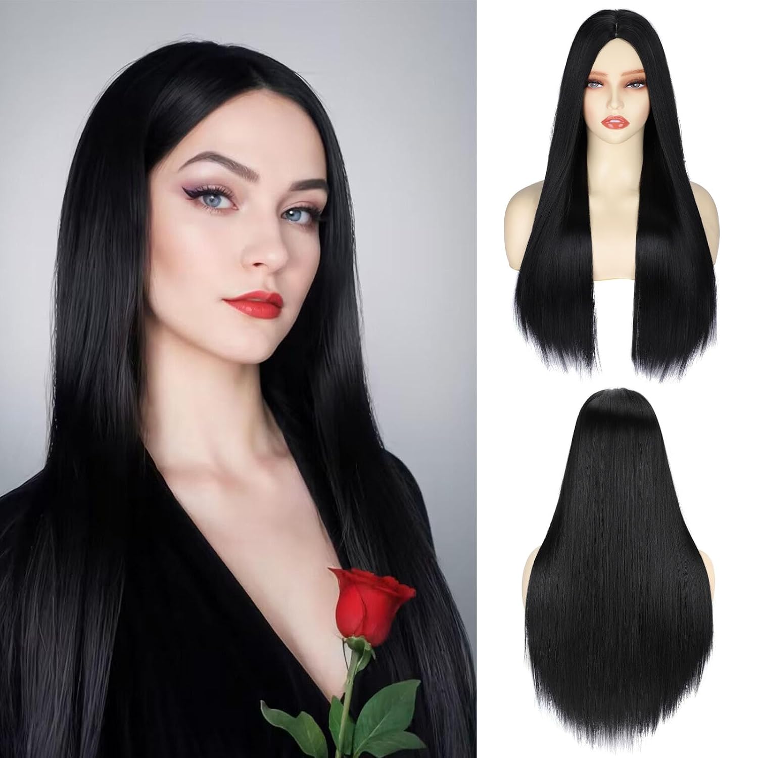 Amazon.com : TOPHR Long Black Wig for Women Halloween Costume, Straight ...