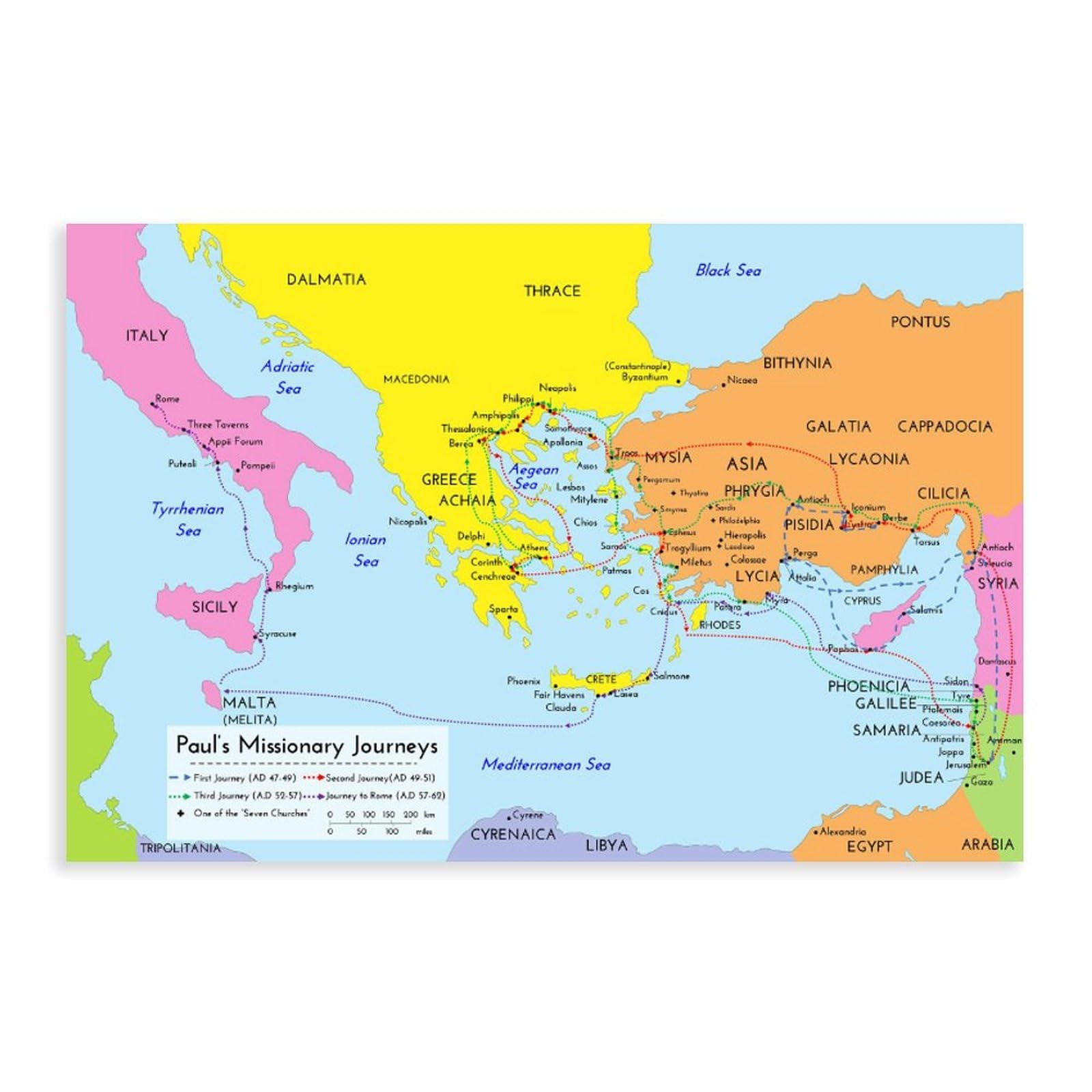 Bible Map Poster Paul’s Missionary Journeys Canvas Poster Print Picture ...