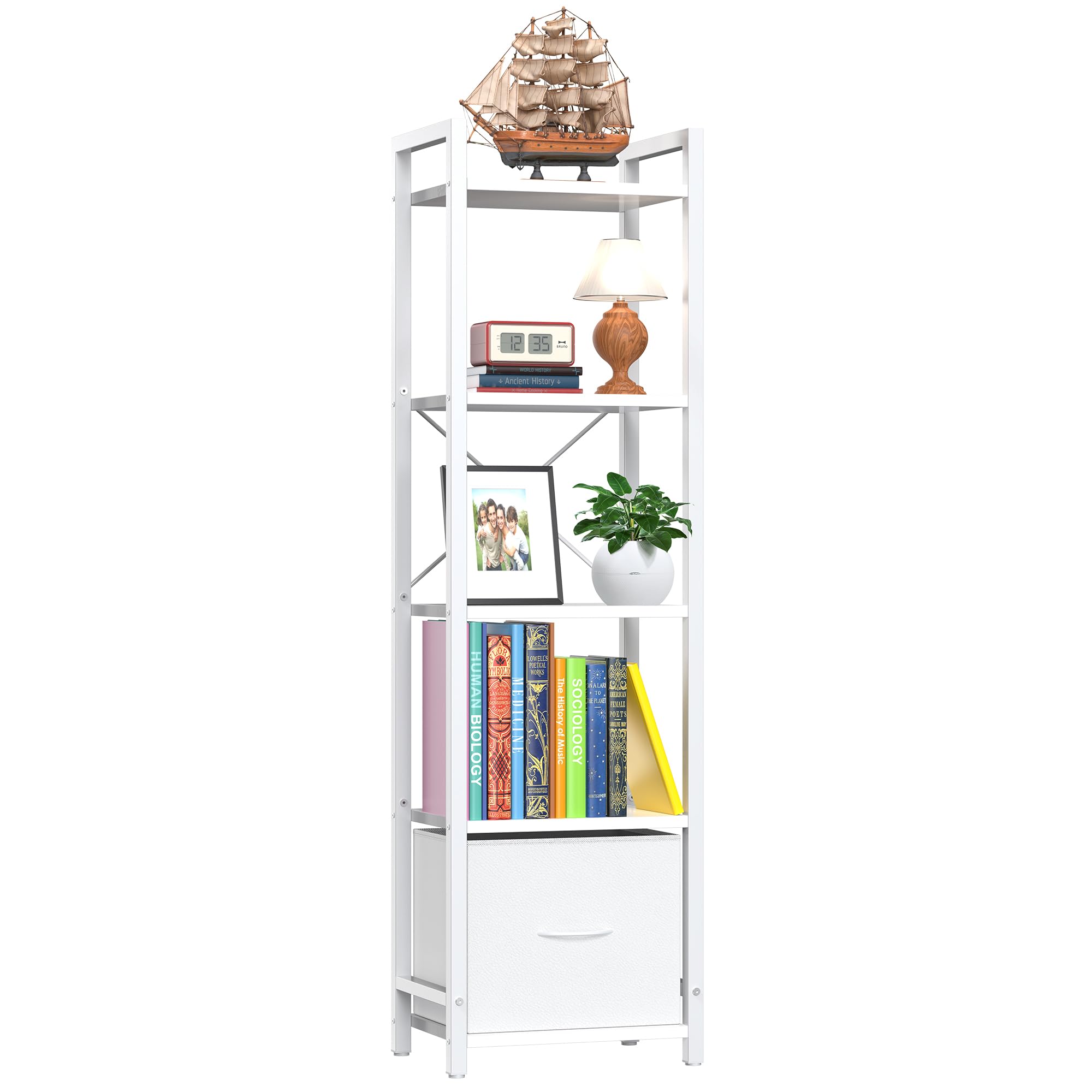 Amazon.com: Narrow-Bookshelf-With-Storage-Drawer, 5-Tier Small Standing ...