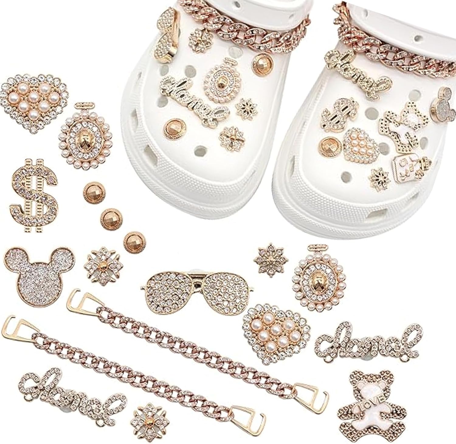 Bettinay 18 PCS Gold Designer Charms for Croc Shoe, Removable Sparkly ...