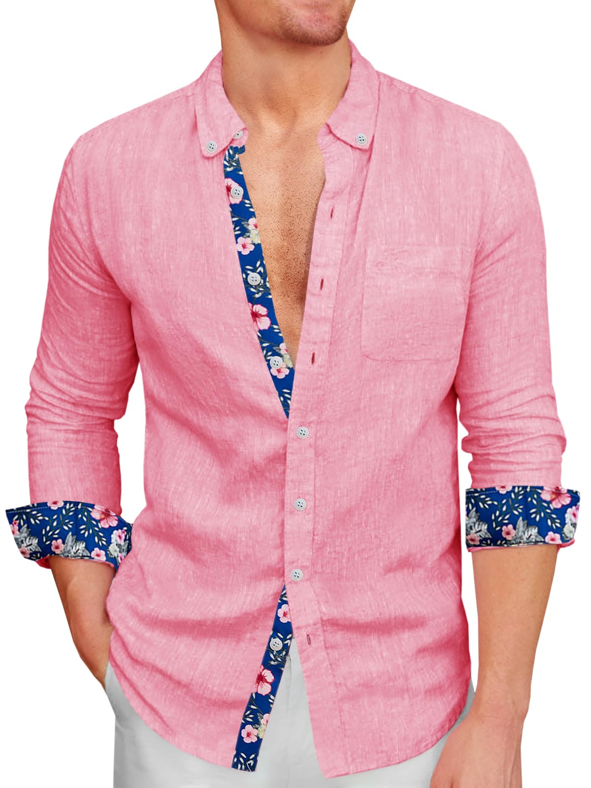 Runcati Mens Linen Button Down Shirts Long Sleeve Beach Floral Print ...