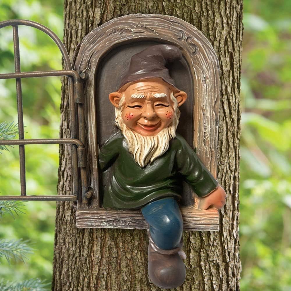 Amazon.com: Elf Out The Door Tree Hugger, Garden Gnome Statue Garden ...