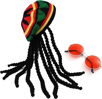 Amazon.com: itsSpooky Rasta Hat with Dreadlock Wig and Round Frame Red ...