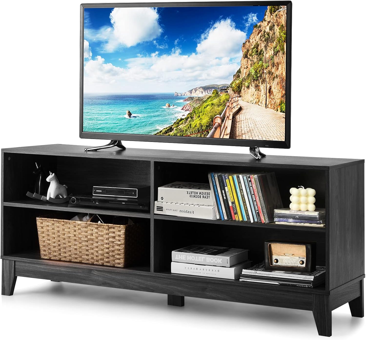 GOPLUS Meuble TV, Meuble de Rangement à 4 Compartiments avec Étagères ...