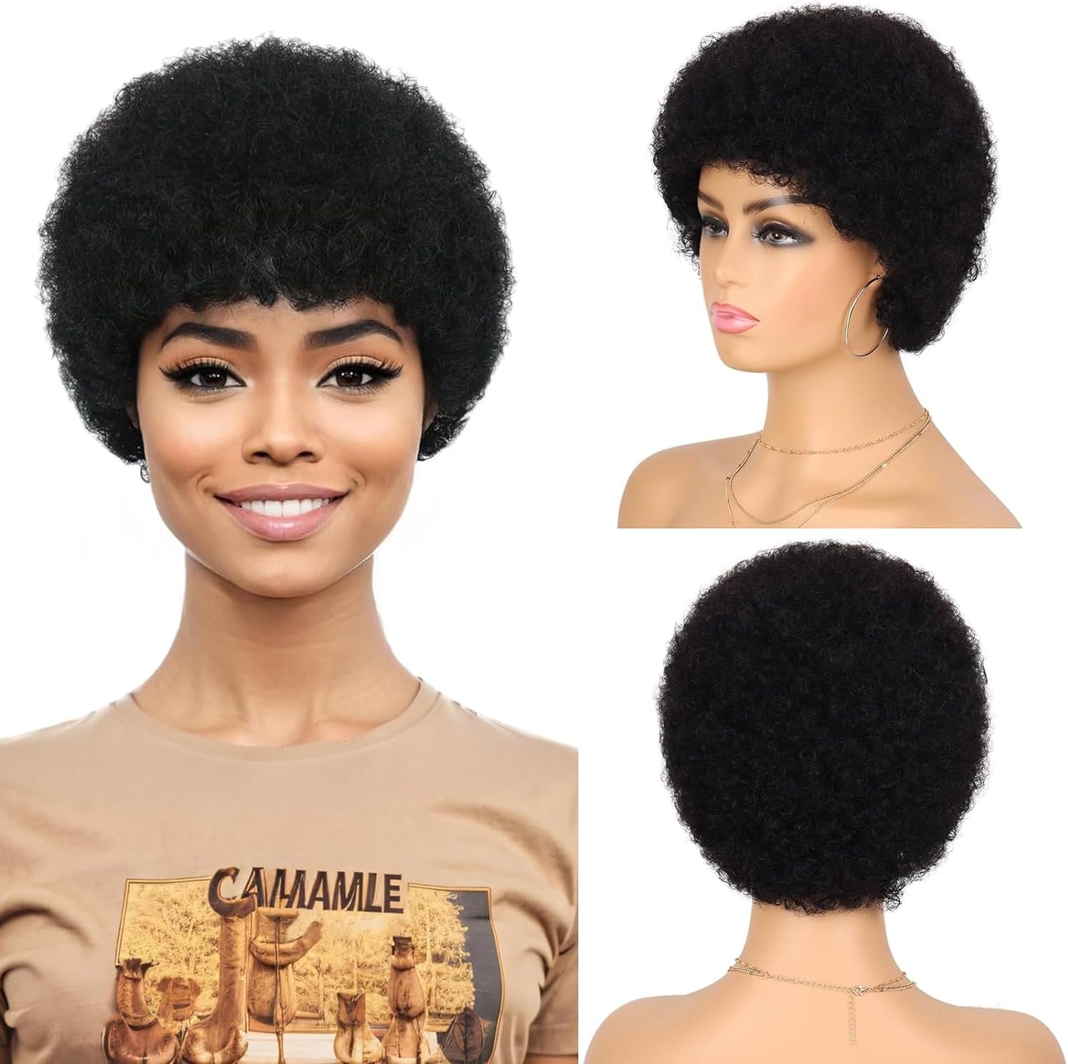 Fereowth Afro Kinky Curly Human Hair Short Wigs for Women, Human Hair ...