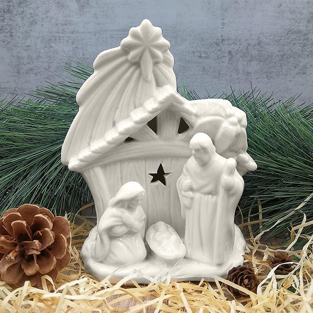 KenJia Holy Family Porcelain Nativity Lighted, White Glaze