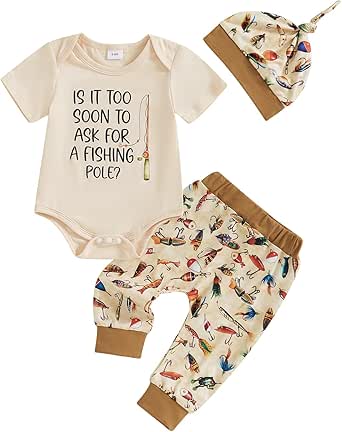 Amazon.com: Newborn Baby Boy Outfit Letters Print Short Sleeve Romper + Fishing Theme Print ...
