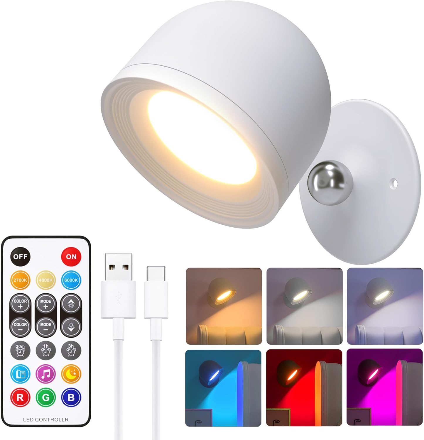 Smart LED Wall Lights, RGBCW Rechargeable Battery Operated Wall Sconces ...