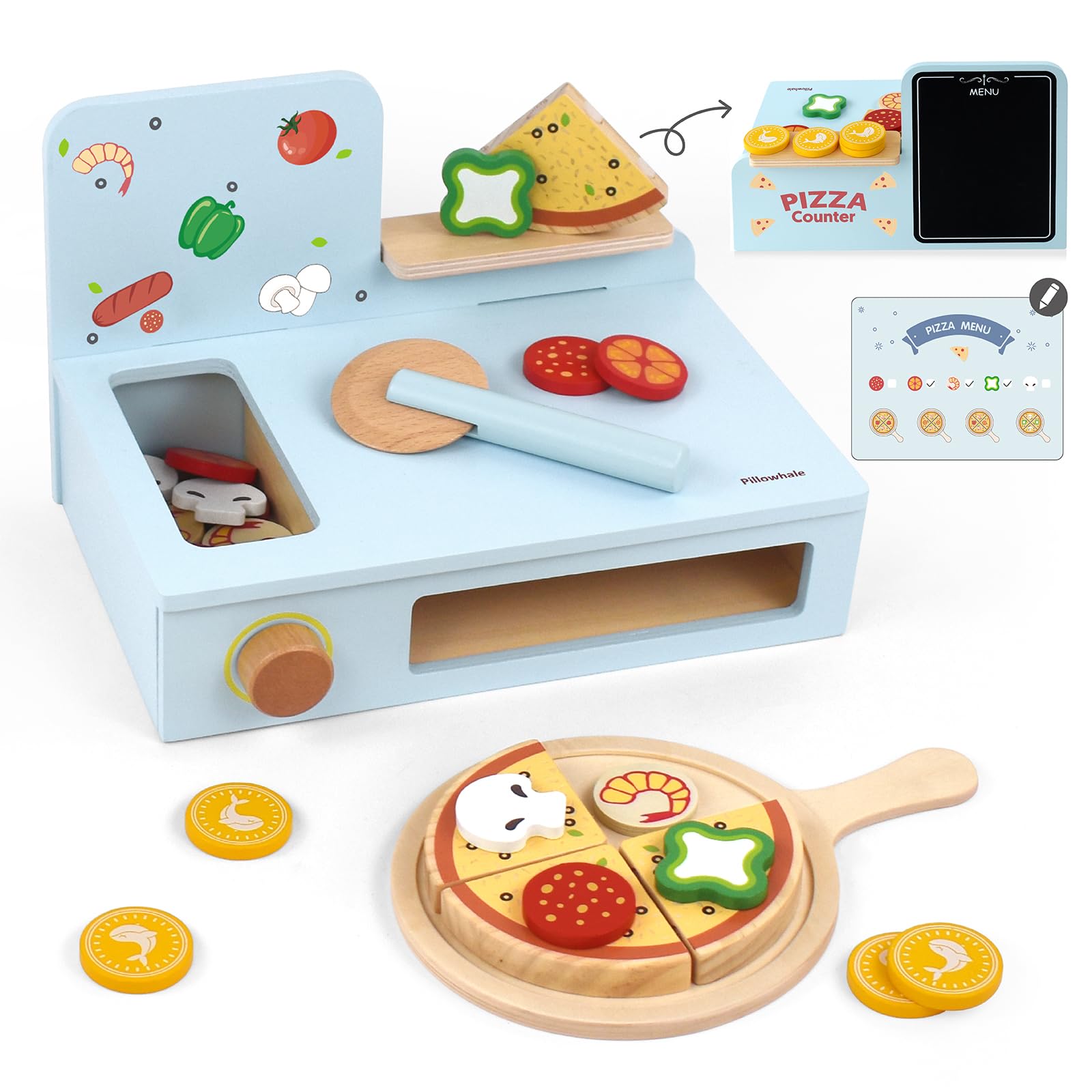 Amazon.com: Pillowhale Wooden Pizza Toy,Wooden Pizza Counter Playset ...