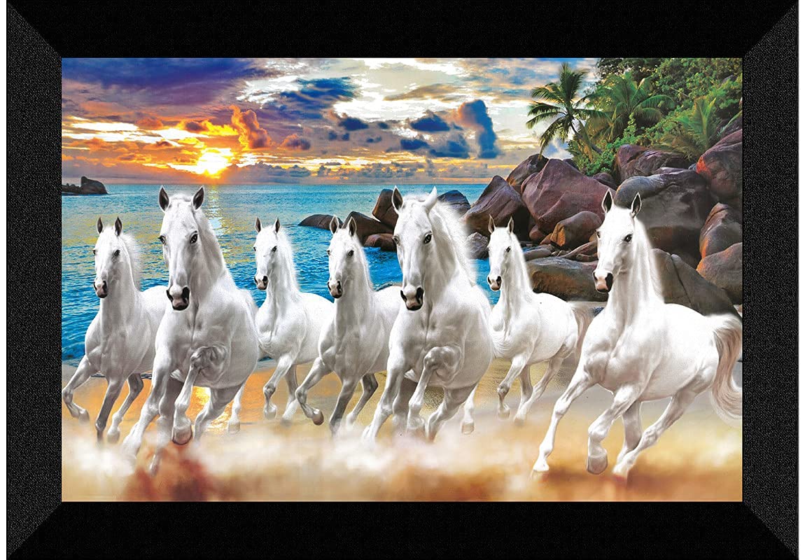 SAF paintings 7 Horses Vastu Frame HD | 7 White Running Horses Wall ...