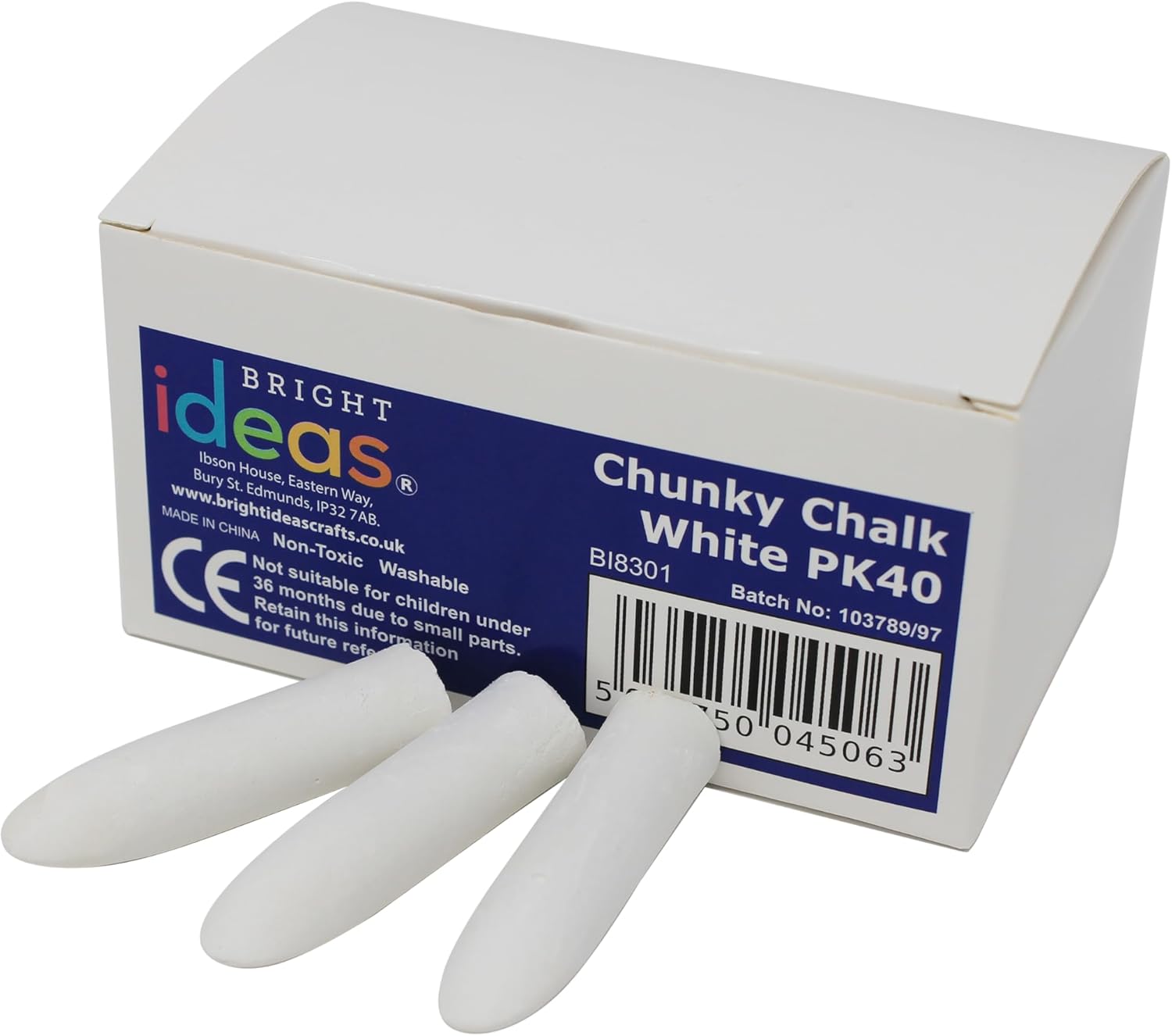 Bright Ideas PK40 5.5cm White Chunky Chalk Sticks, Playground Chalk for Children, Washable ...