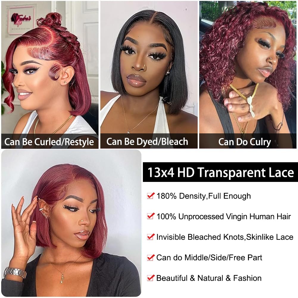 13x4 HD 99J Burgundy Bob Lace Front Wigs Human Hair Pre Plucked ...