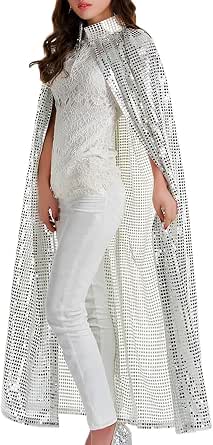 Amazon.com: Disco Costume for Women, Sexy Silver Sequin Cape, Long ...