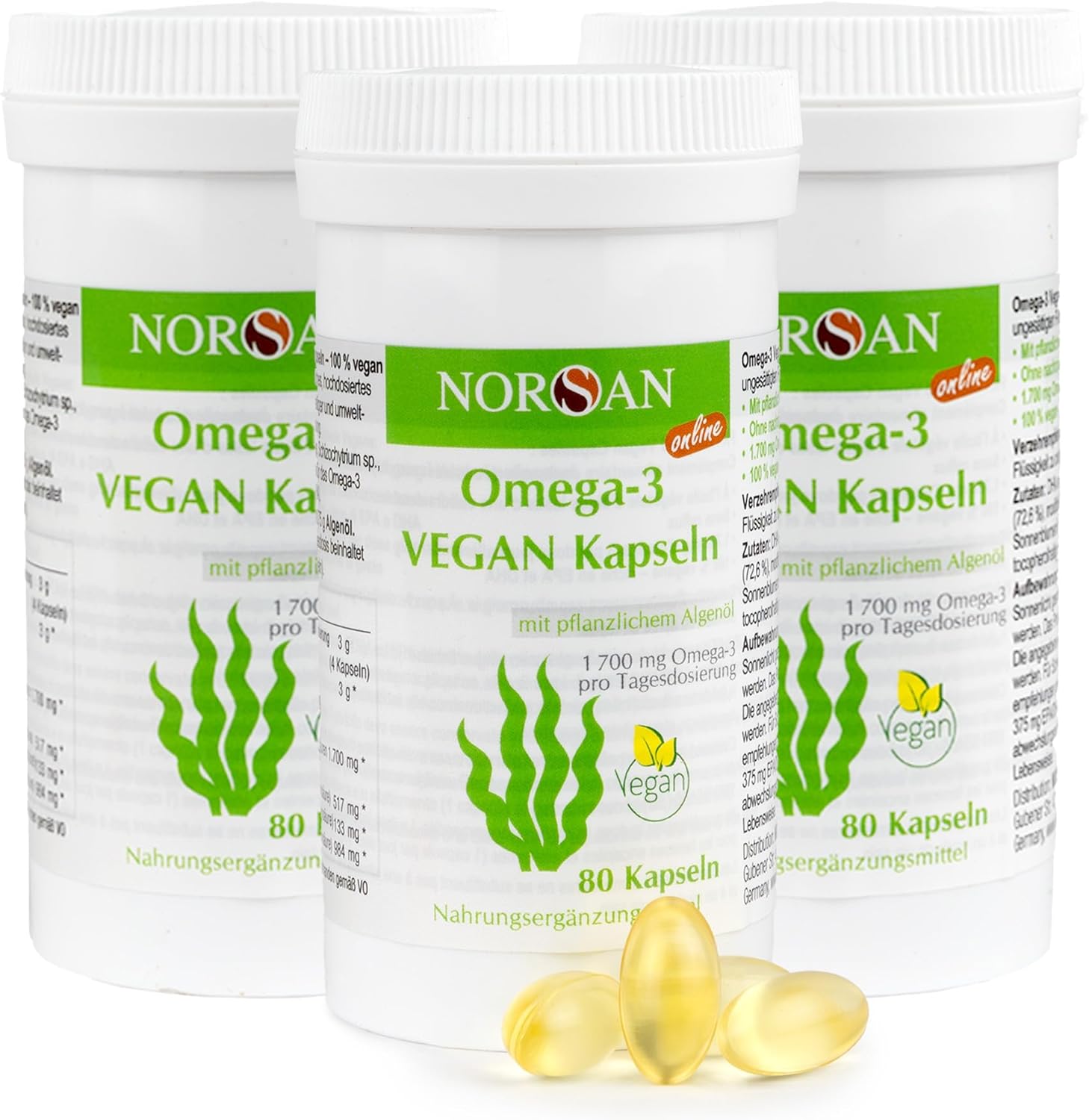 NORSAN Premium Omega 3 Vegan Kapseln 3er Pack (3x 80 Stück) - 1.700mg ...