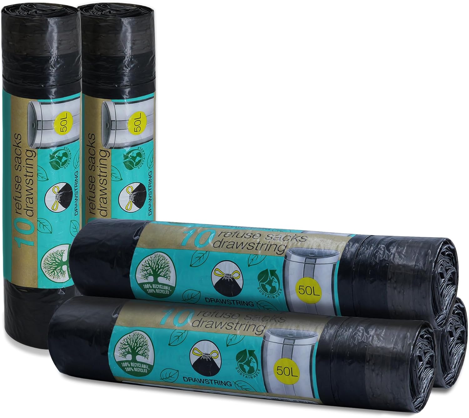 50 Refuse Sacks 50L - Strong Durable, Leak-Resistant, Recyclable Bins ...