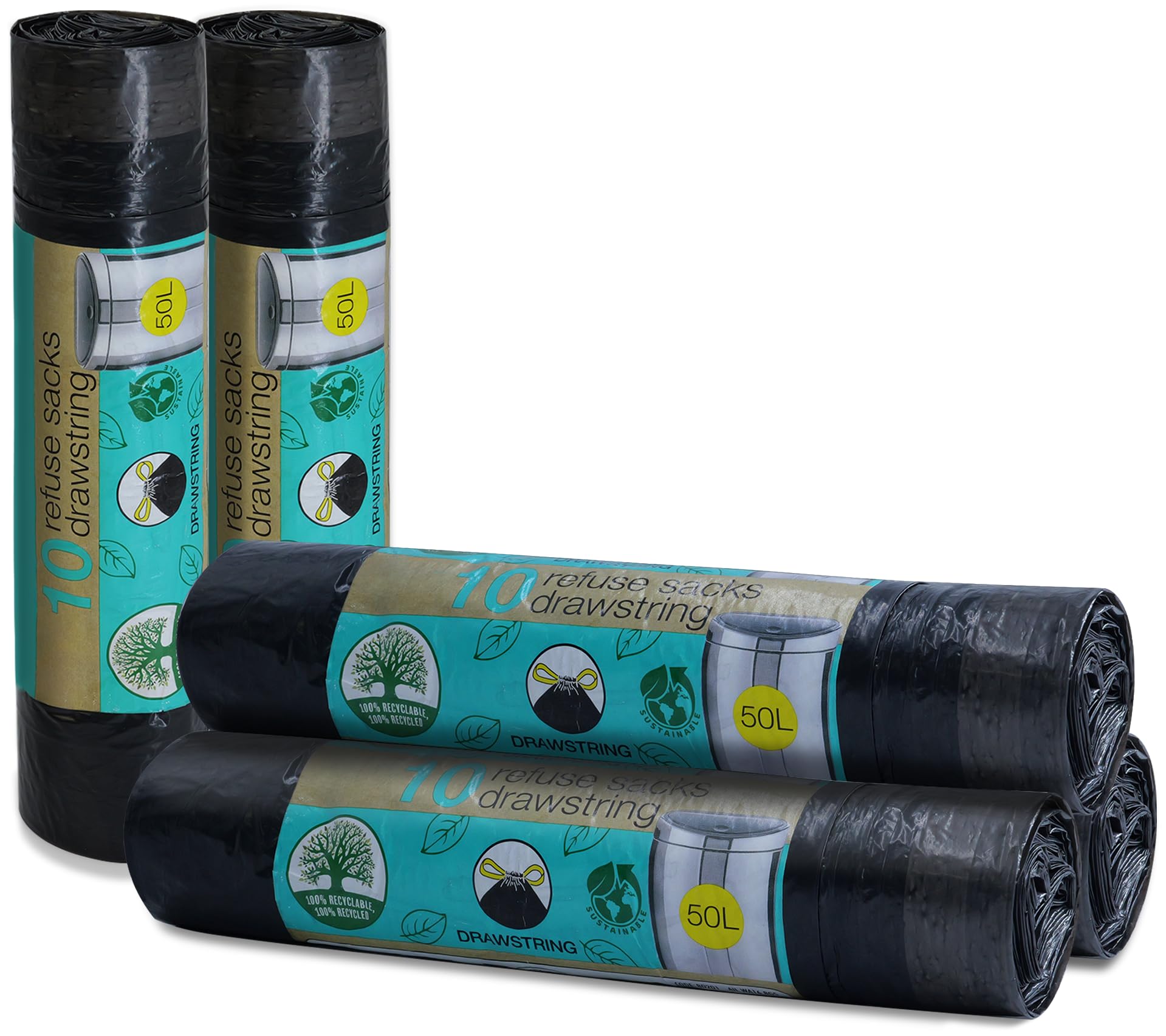 Pack of Fifty 50L Refuse Sacks - Recyclable, Drawstring Black Rubbish ...