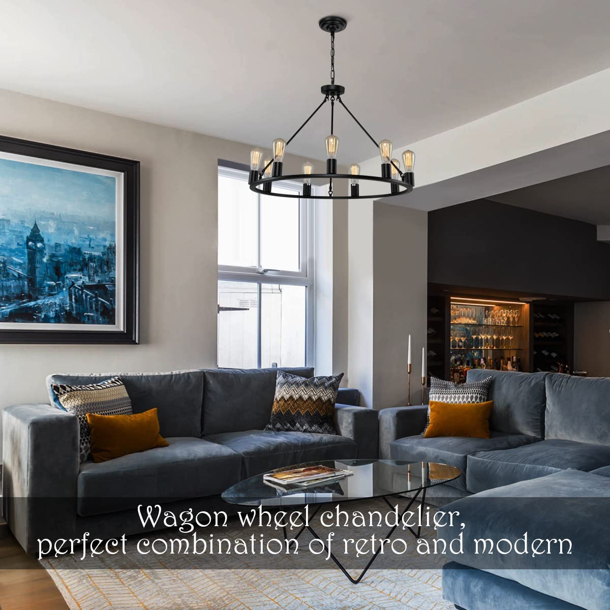 Senyshilon Wagon Wheel Chandelier 9-Light Farmhouse Chandelier, Dia 32 ...