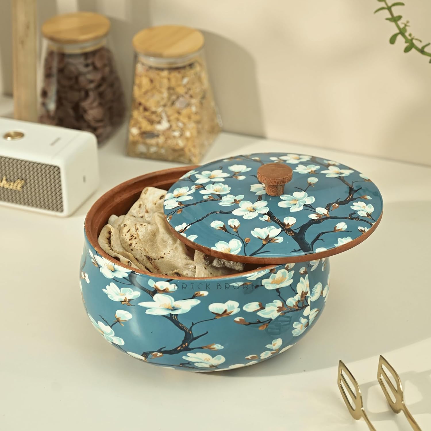 Brick Brown ® Handcrafted Enamel Coated Wooden Almond Blossoms Roti Box ...