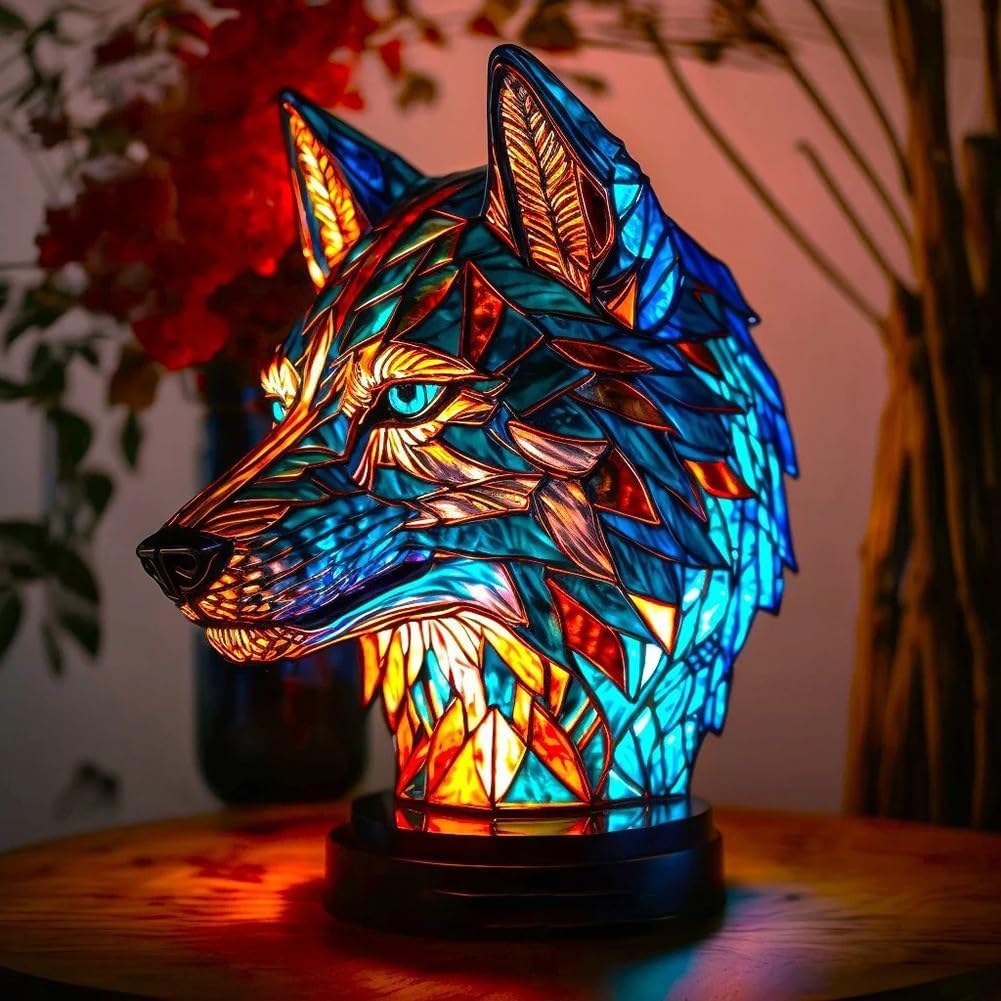 Animal Table Lamp Series, Retro Table Lamp, Stained Glass Wolf Horse ...