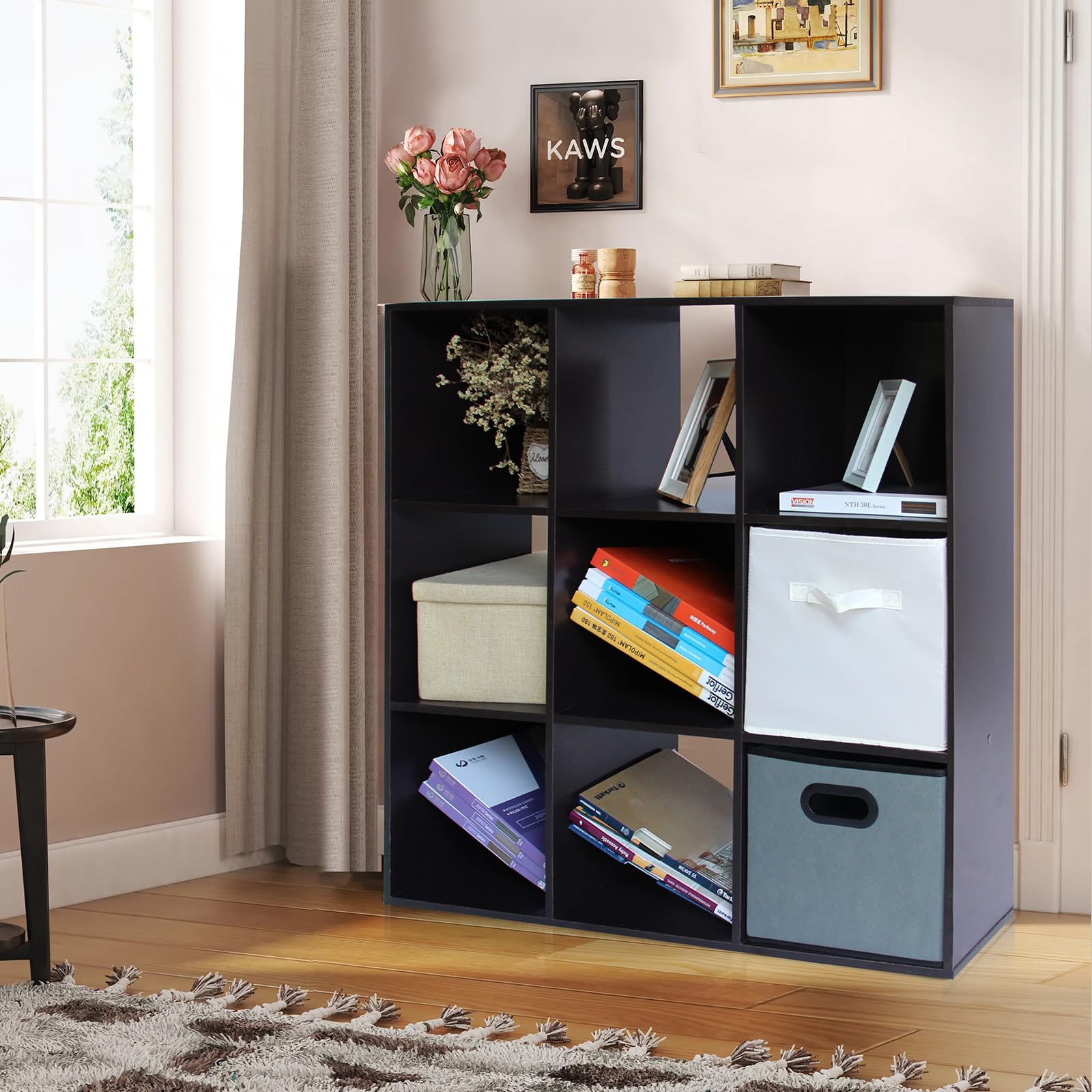 PACHIRA 9 Cube Wood Bookcase Dark Brown, Stackable Cube Storage Unit ...