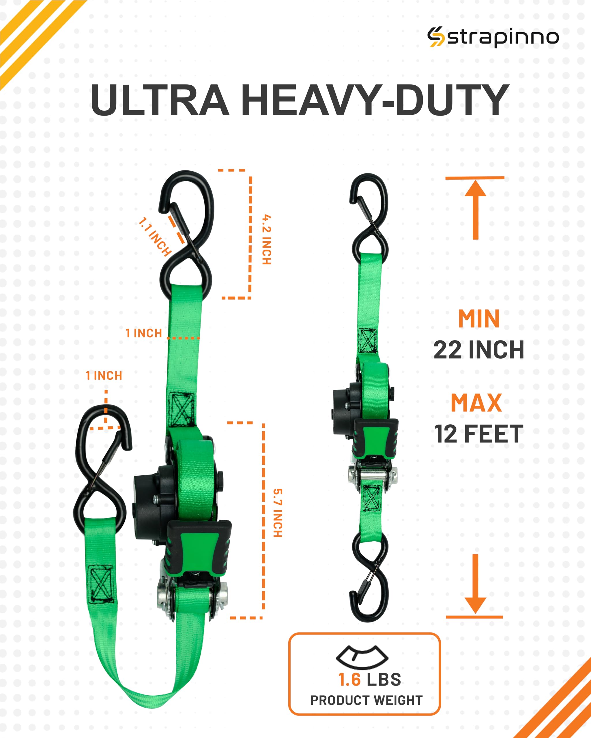 Snapklik.com : Strapinno Retractable Ratchet Straps - 1 In X 12 Ft ...