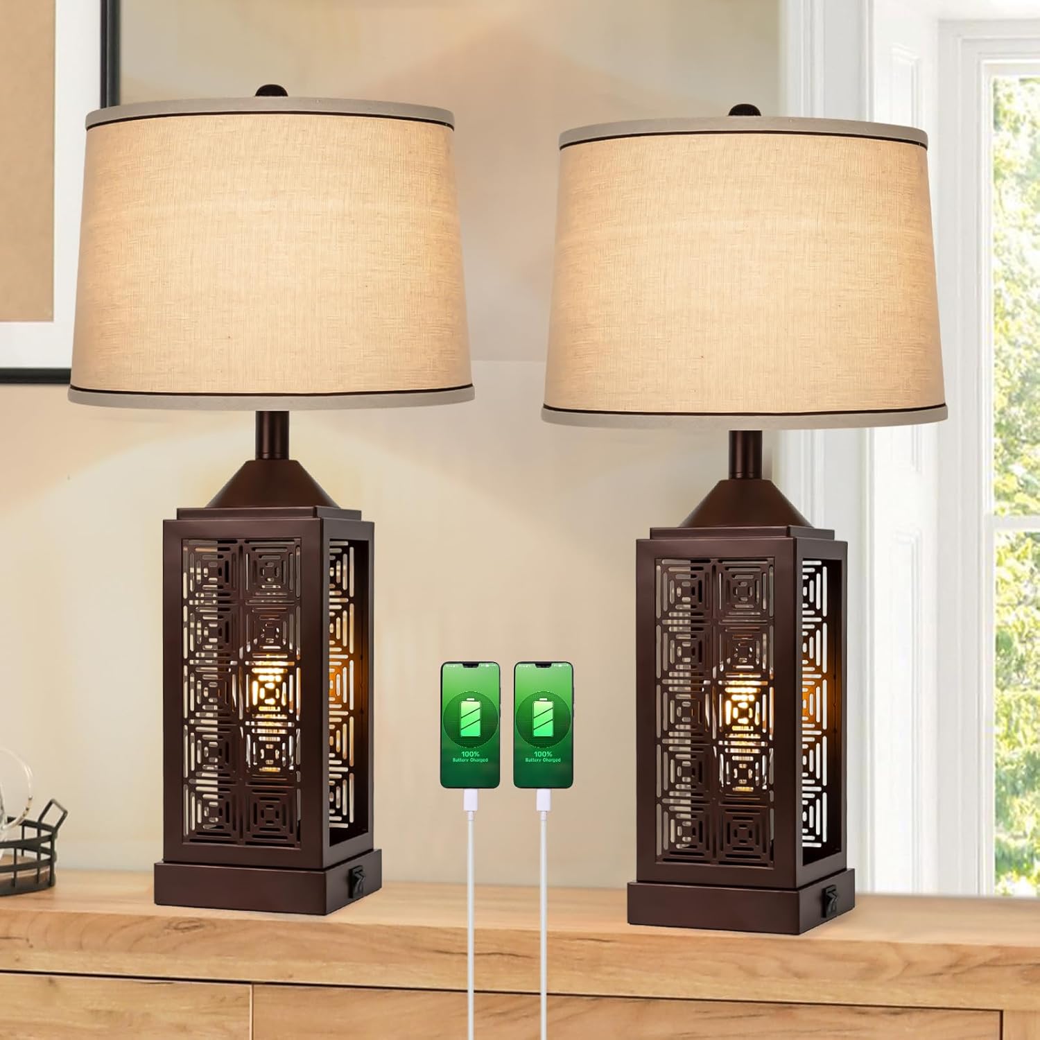 Roravilila Brown Bedroom Lamps with Dual USB Ports Set of 2, Farmhouse ...