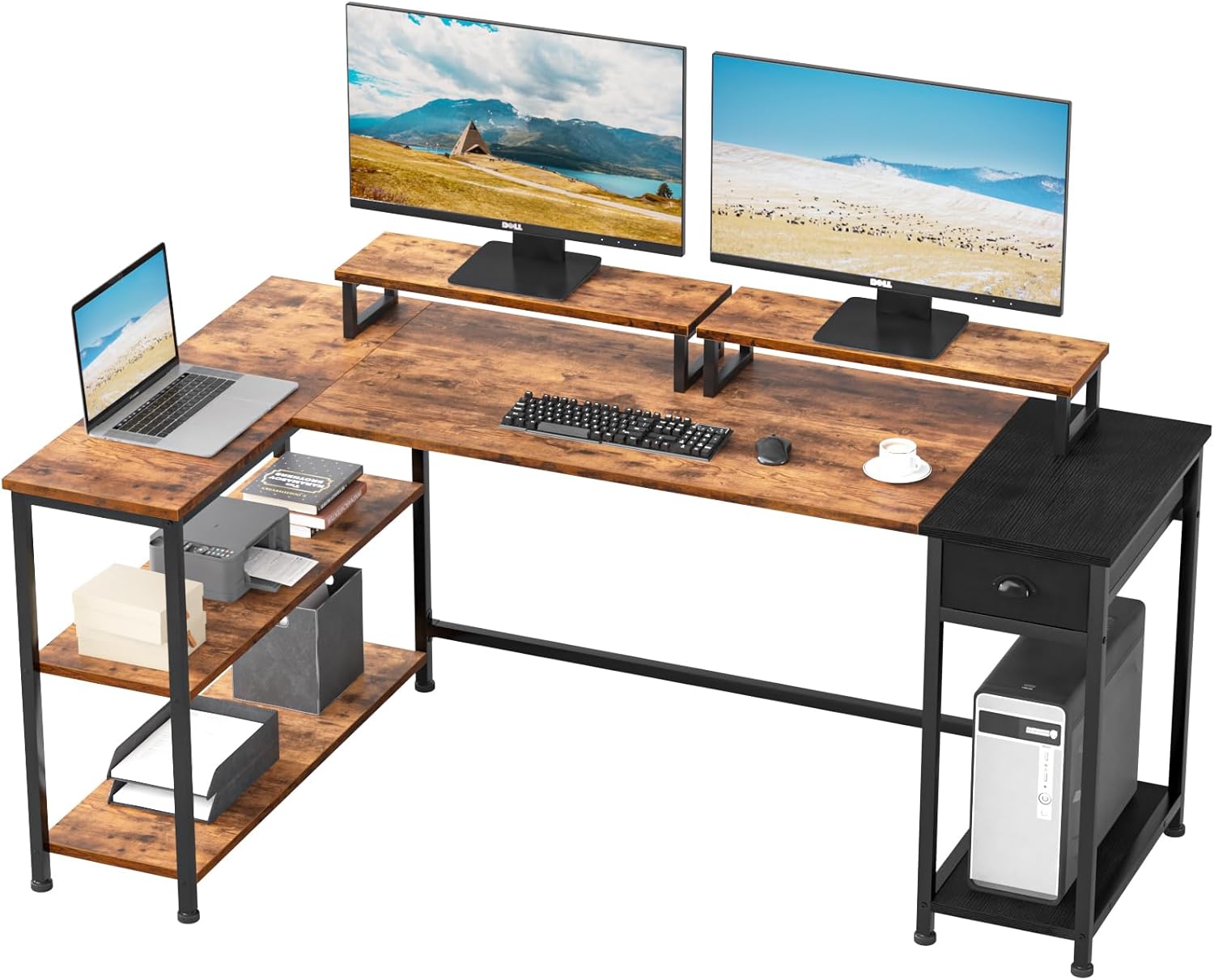 Amazon.com: Furologee 55" L Shaped Desk with Shelves and Drawer, Corner ...
