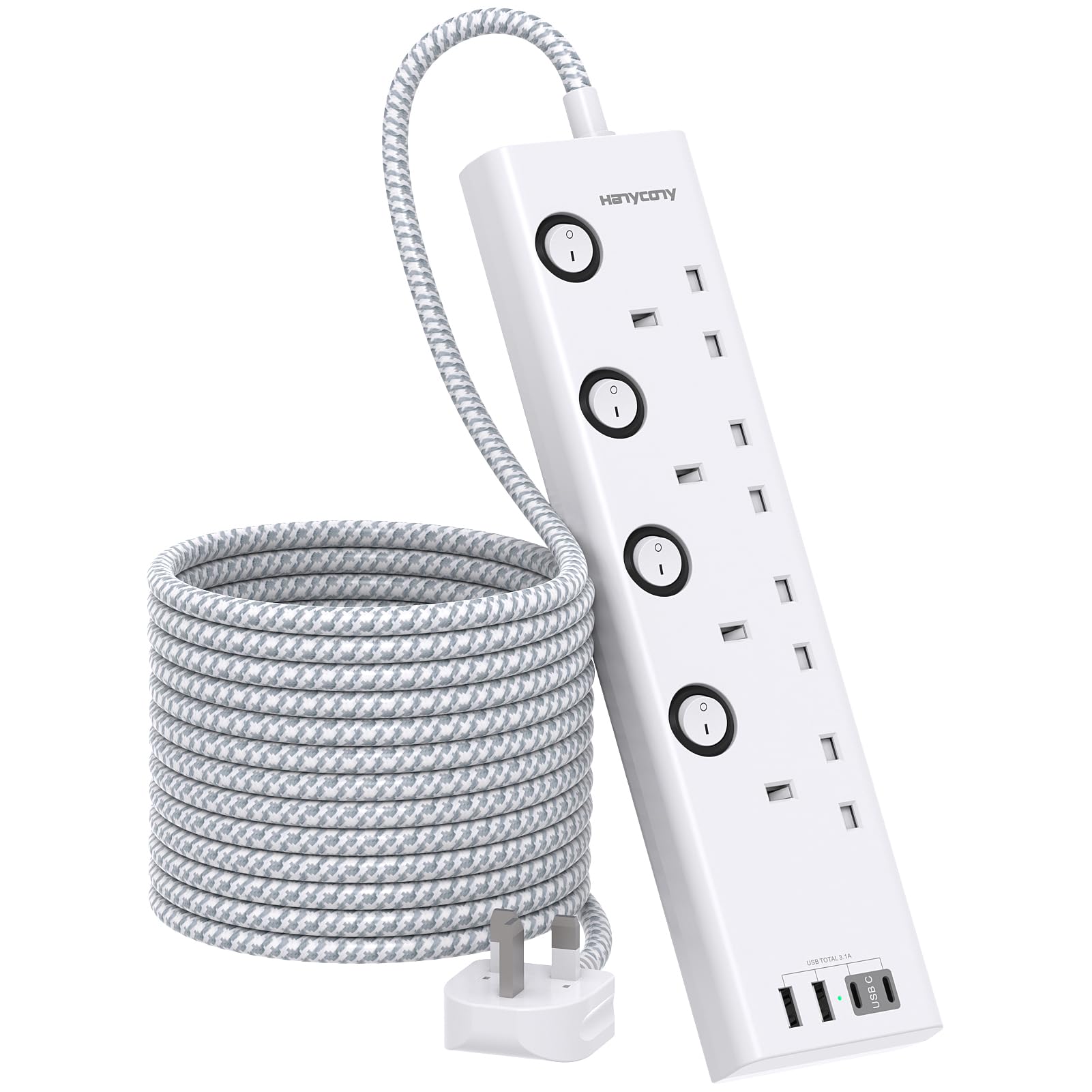 5M Extension Lead, 4 Way Socket with 4 USB Slots(2 USB C), Individually ...