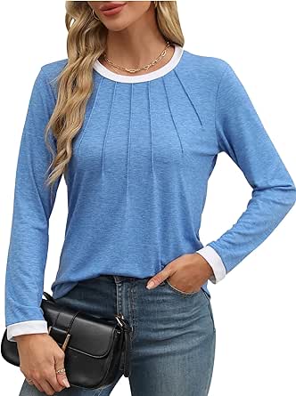 ZOOMOON Women's Tunic Tops Fall Long Sleeve Shirts Casual Pleated Front Crewneck Tops Blouses ...