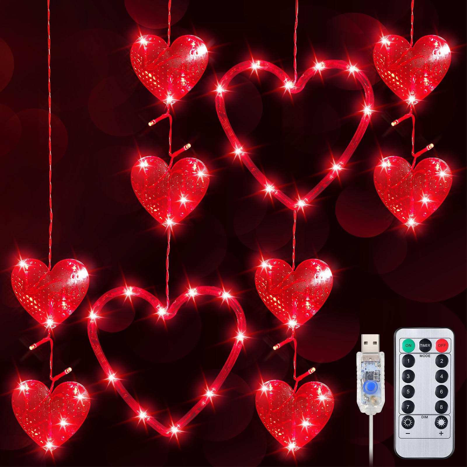 Amazon.com: 8 Mode Valentine's Day Window Heart Light Red Hearts Lights ...