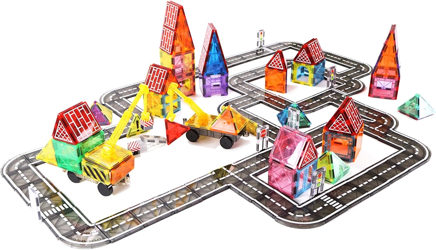 Amazon.com: MANGOBOB 60 PCS Magnetic Tiles Road Toppers Set with Car ...