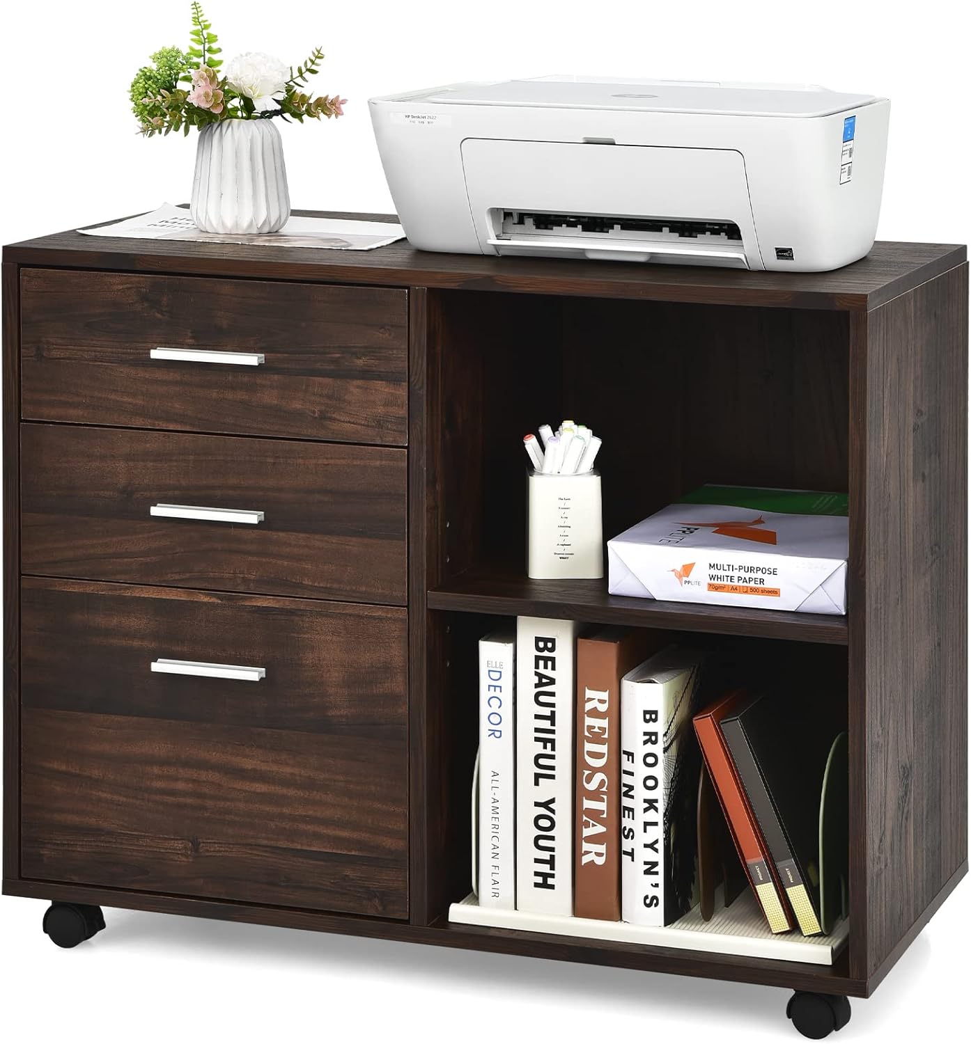 COSTWAY Mobile Filing Cabinet with 3 Drawers, Printer Stand with 2 Open ...