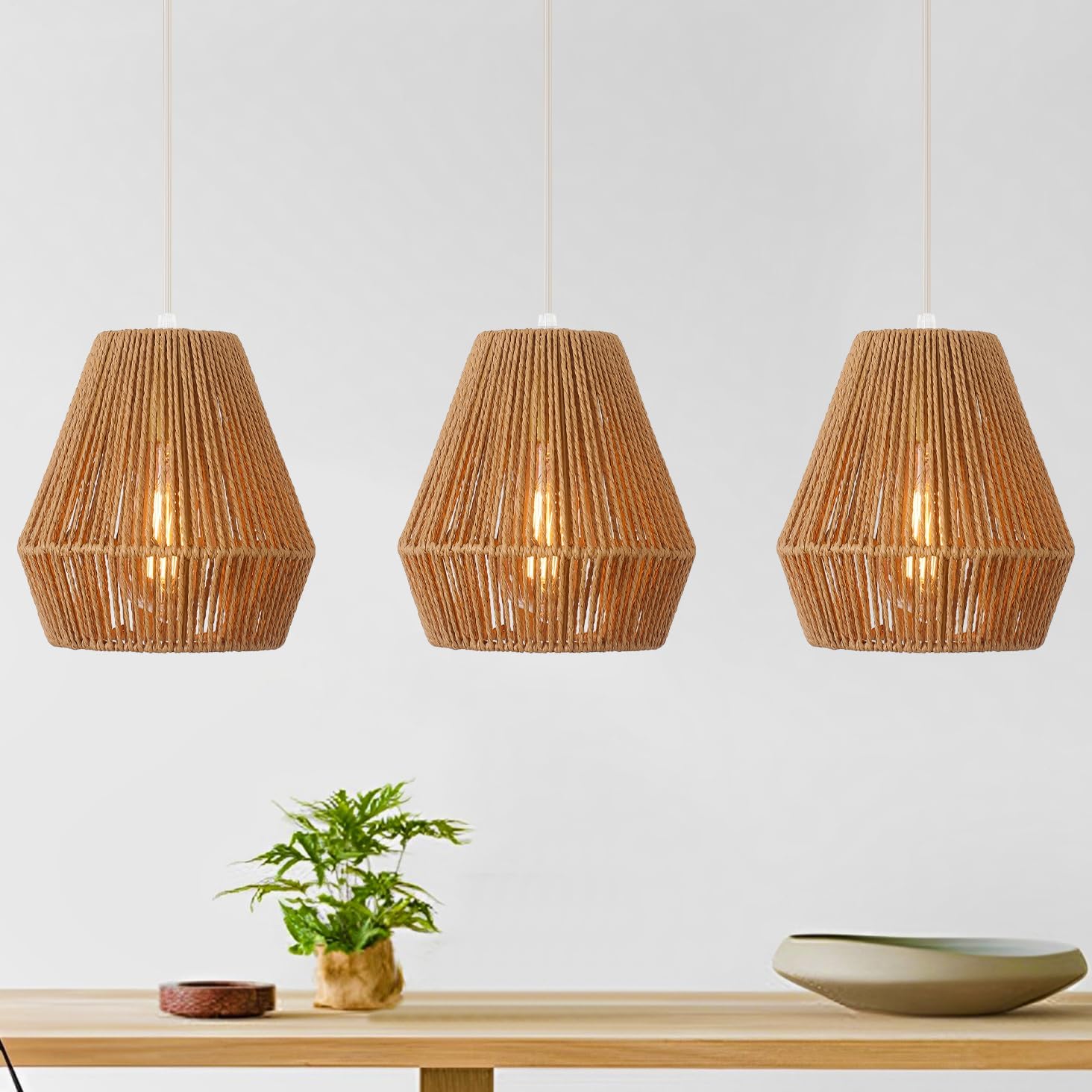 WTYUIO 3 Pack Rattan Woven Pendant Lights Kitchen Island, 7'' Boho ...