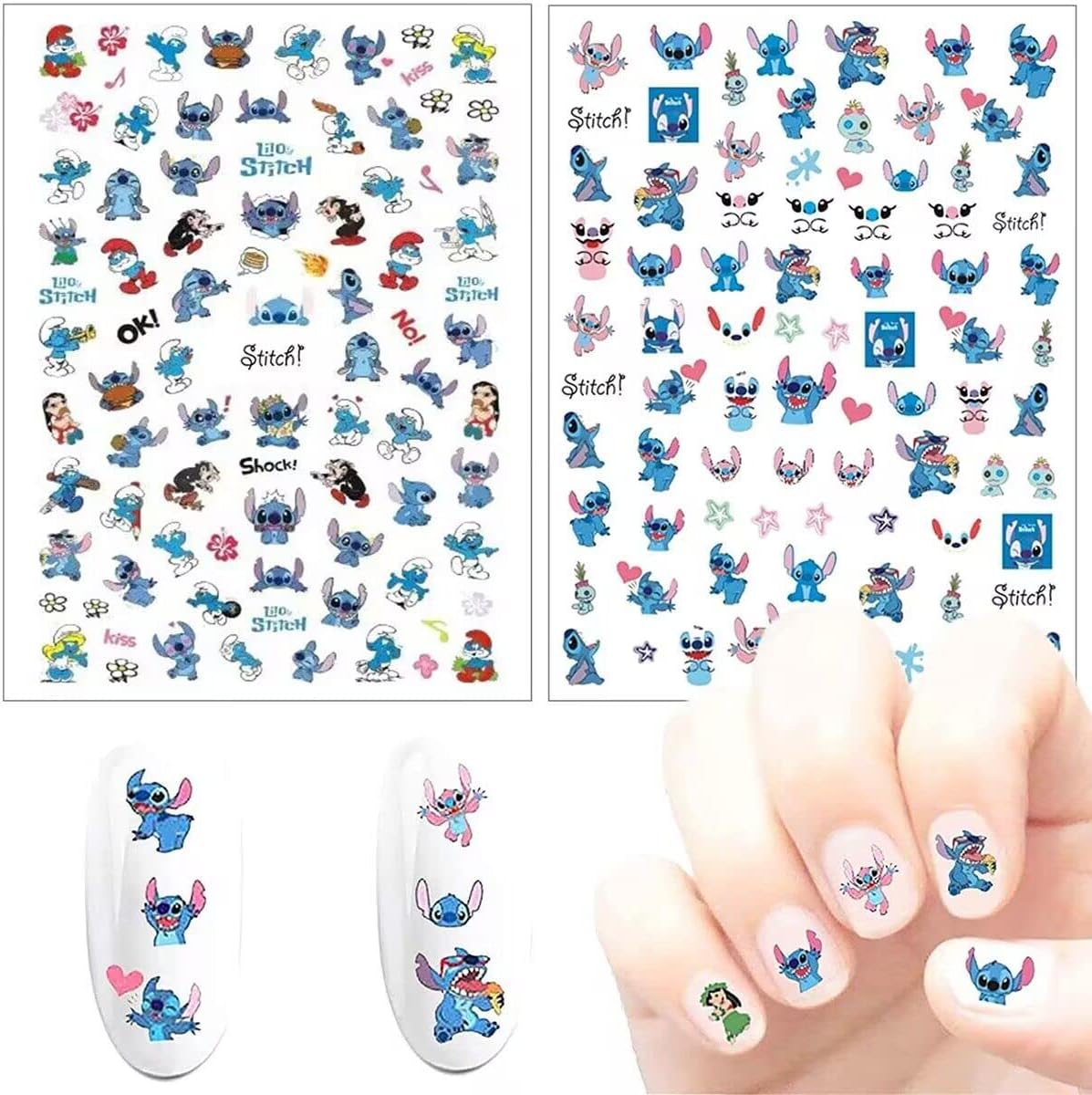 Lot de 2 autocollants 3D Stitch pour ongles mignons Kawaii Dessin animé ...
