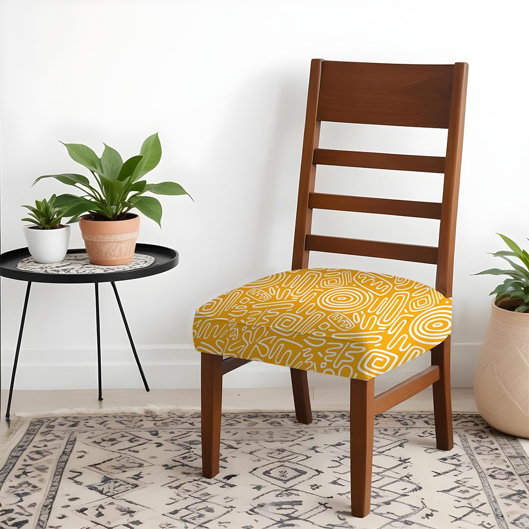 HOTKEI Pack of 6 Yellow Abstract Printed Dining Chair Seat Cover 200GSM ...